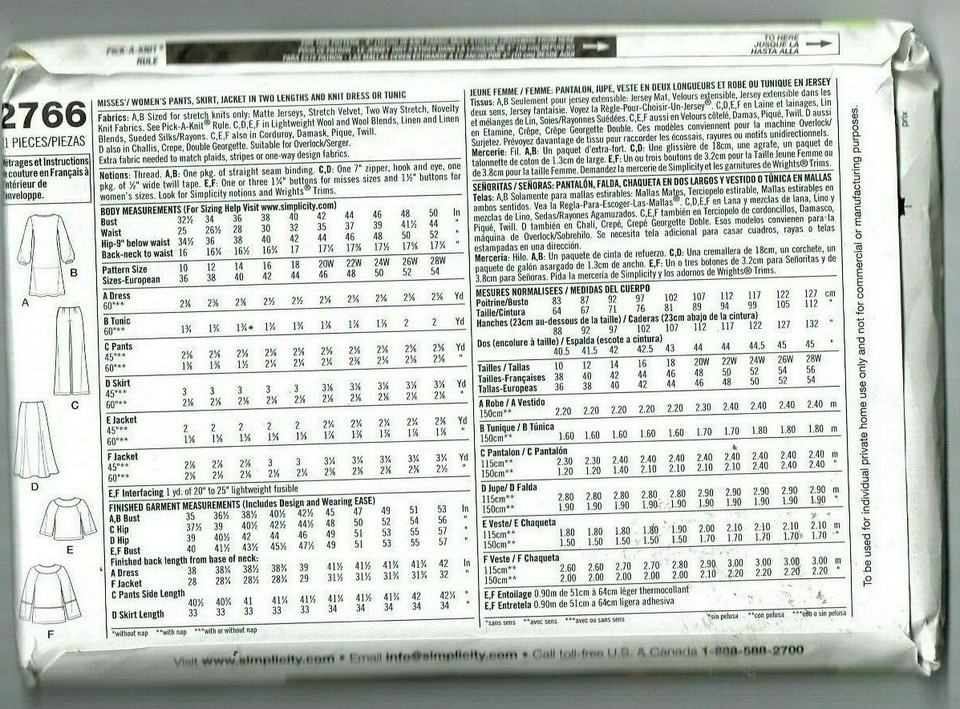 Simplicity # 2766 Pants-Skirt-Jacket-Dress /Tunic w/Vari Patterns Sz ...