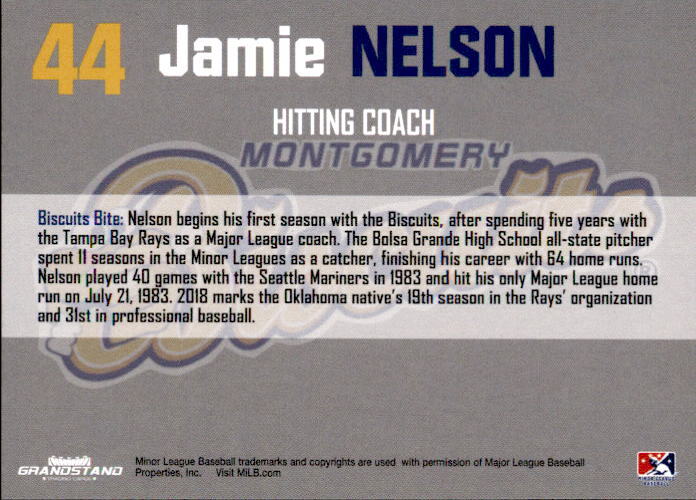 2018 Montgomery Biscuits Grandstand #24 Jamie Nelson Hitting Coach ...