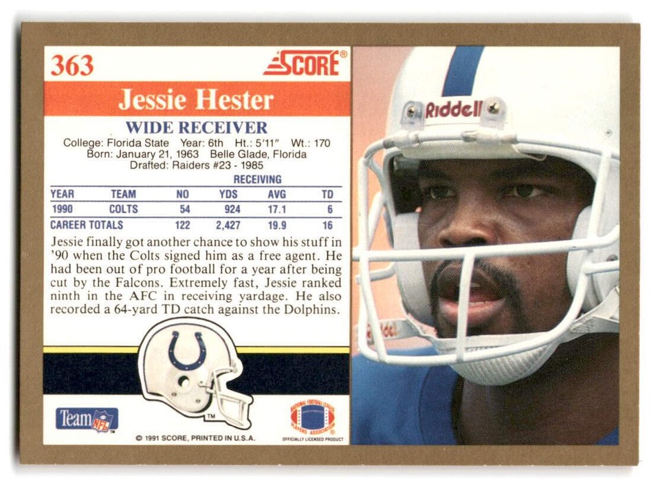 Jessie Hester 1991 Score FOOTBALL #363 Indianapolis Colts | eBay