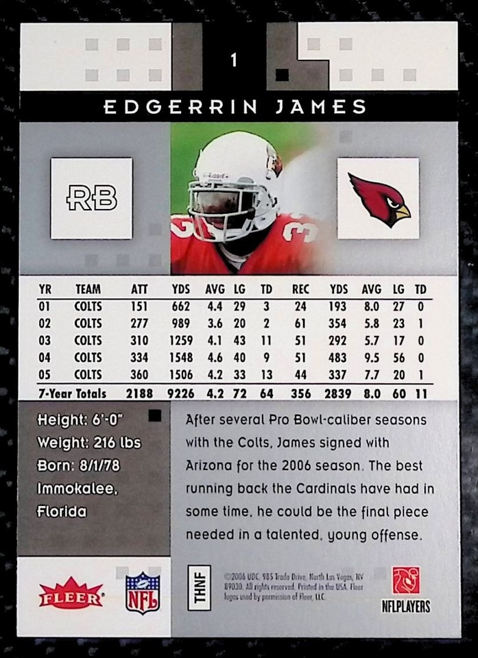 Edgerrin James - 2006 Fleer Hot Prospects #1 - Arizona Cardinals | eBay
