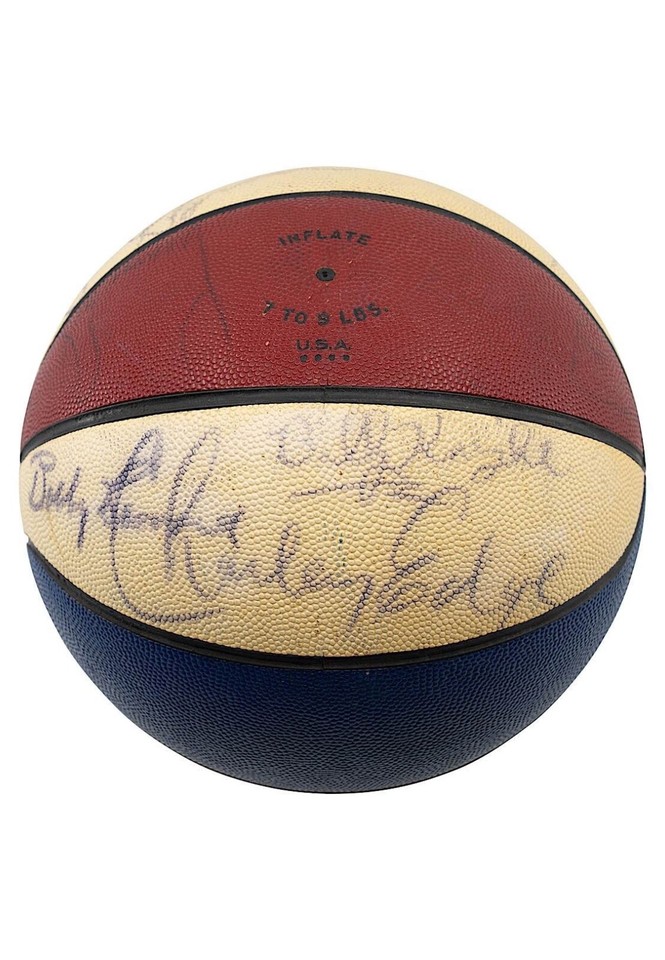 1974-75 Indiana Pacers Team Signed Rawlings Mike Storen ABA Red, White ...