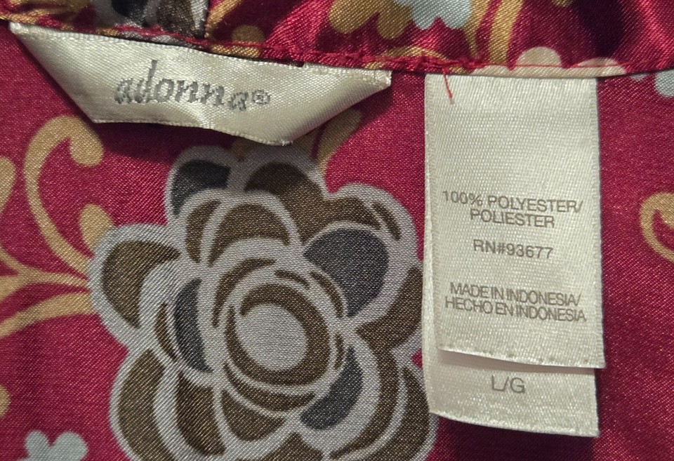 Adonna Burgundy Floral Silk Robe, 100% Polyester, Size Large | eBay