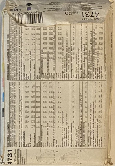 Simplicity 4731 Pattern Wedding Dress Gown Renaissance Prom Costume Sz ...