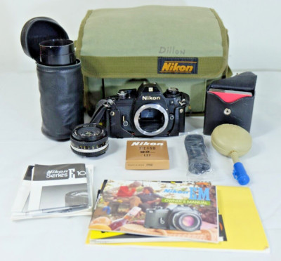 NIKON EM 35mm SLR Film Camera w/ 50mm F1.8 Lens, Flash, Manual, Bag ...