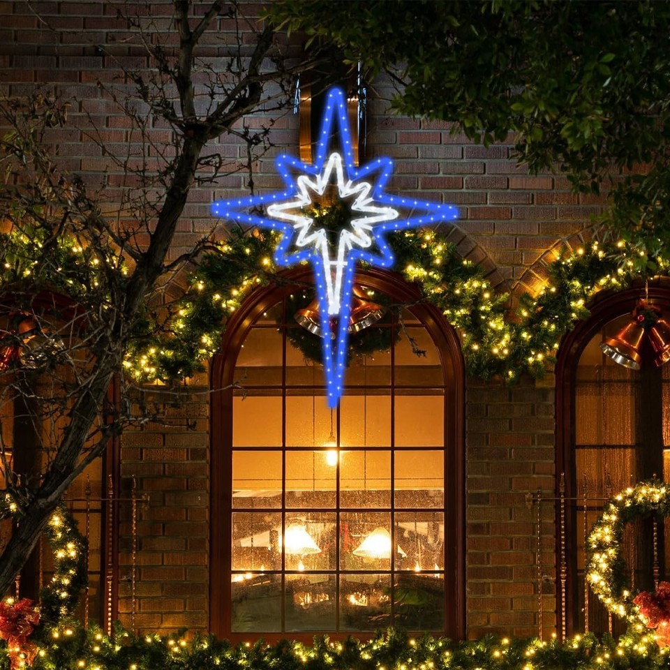 Large 43"x32" Twinkle 216 LED Bethlehem Star,Super-Bright Blue and ...