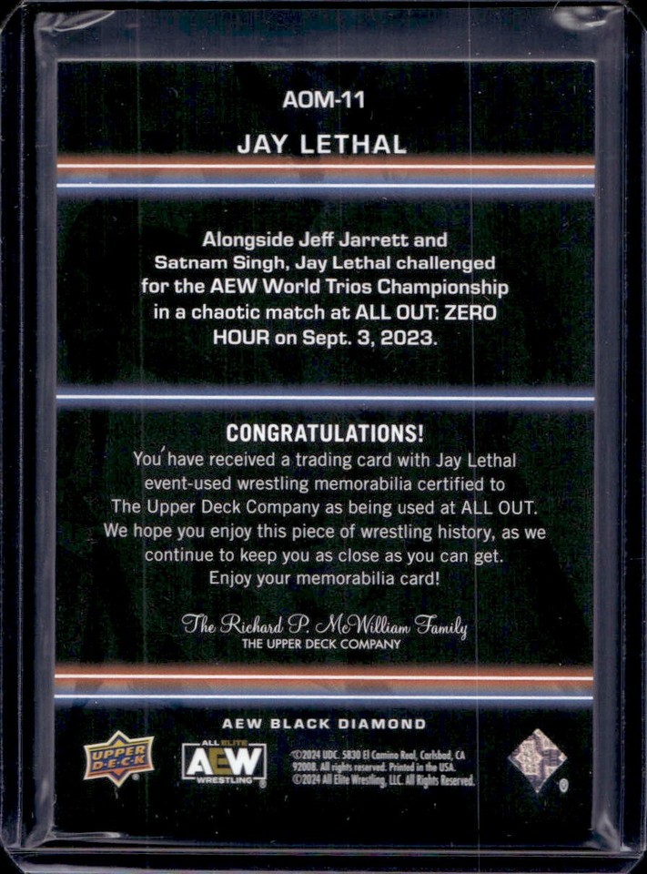 Jay Lethal 2024 Upper Deck Black Diamond All Out Memorabilia Patch /23 ...