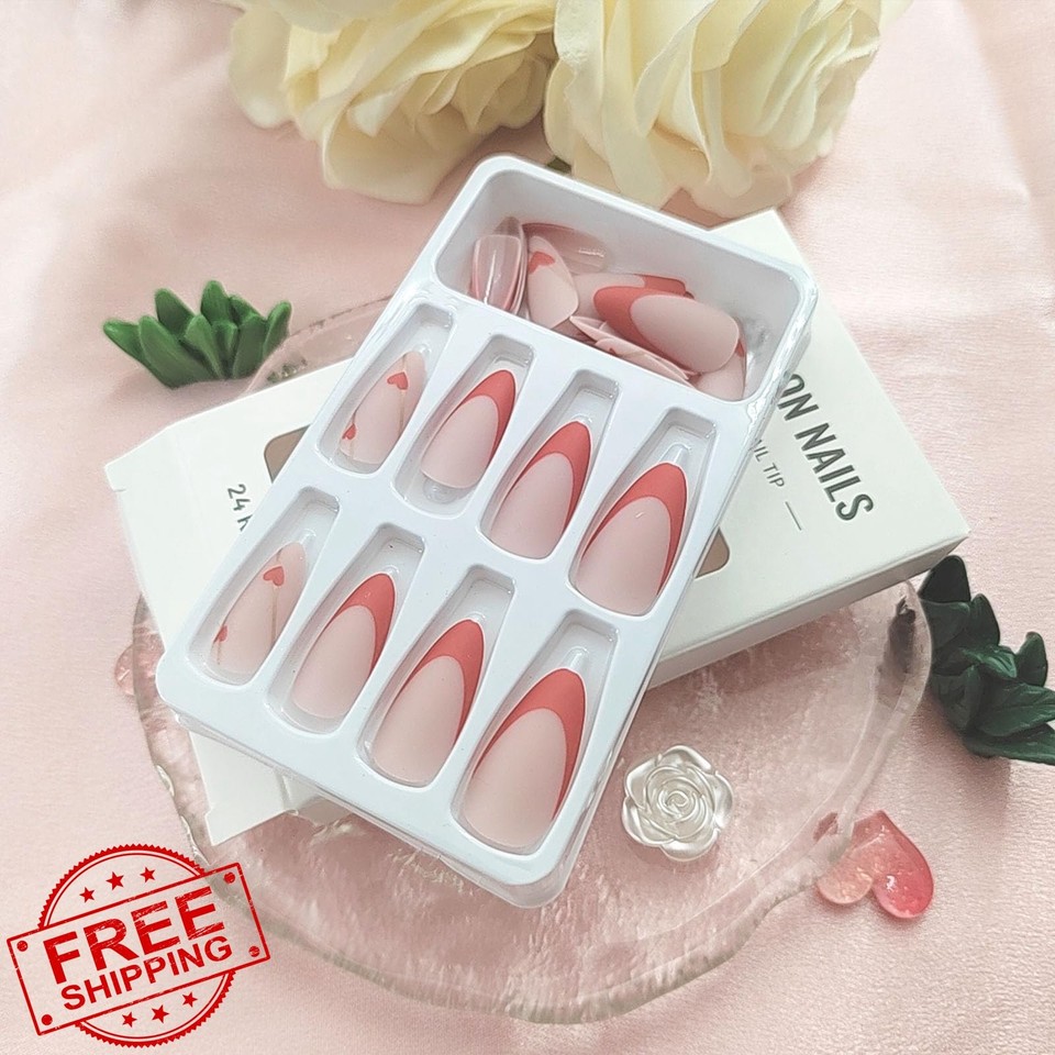 Matte Red Heart Almond Press On Nails Gold French Tip 24Pcs | eBay
