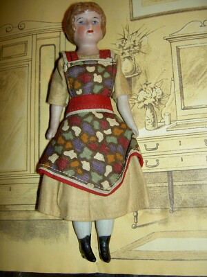 Antique bisque, 6" German, shoulderhead dressed dollhouse matron lady ...