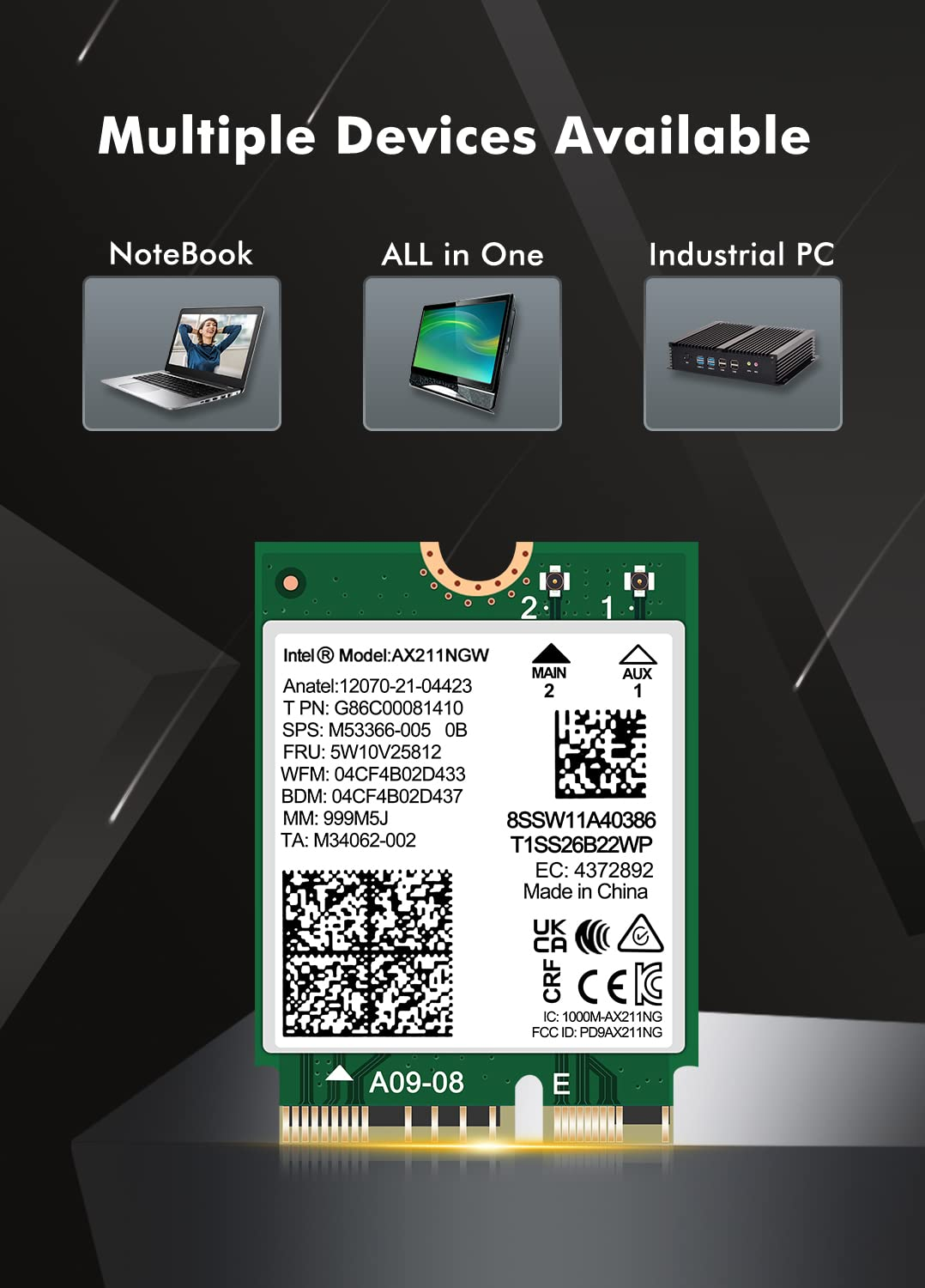 M.2 NGFF WLAN Intel AX211 NGW - WiFi 6 E 3000 Mbps 802.11ax - BT5.3 ...