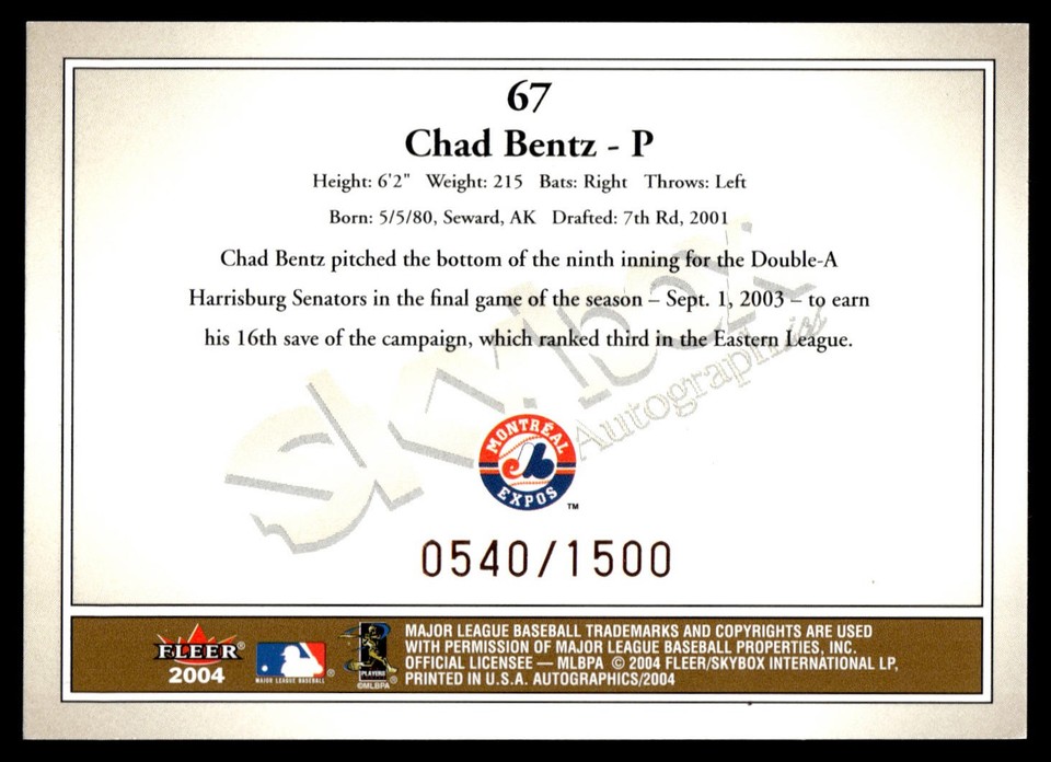 2004 SkyBox Autographics #67 Chad Bentz RC /1500 | eBay