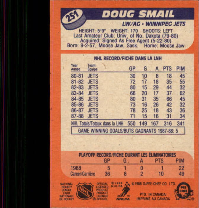 1988-89 O-Pee-Chee Jets Hockey Card #251 Doug Smail | eBay