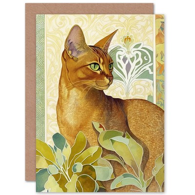 Abyssinian Cat with Plants Art Nouveau Birthday Blank Greeting Card and ...