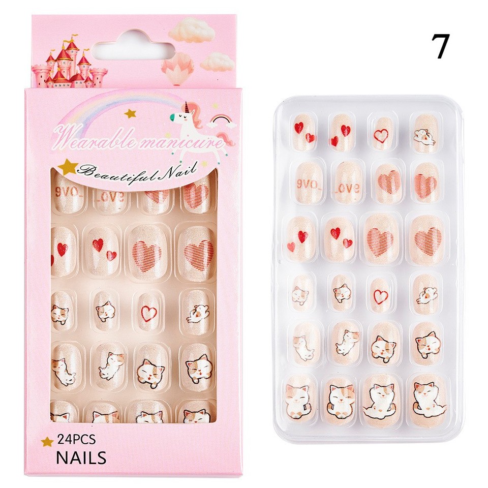 24PCS Cartoon Children False Nail Tips Full Cover Pre-Glue Design ABS ...