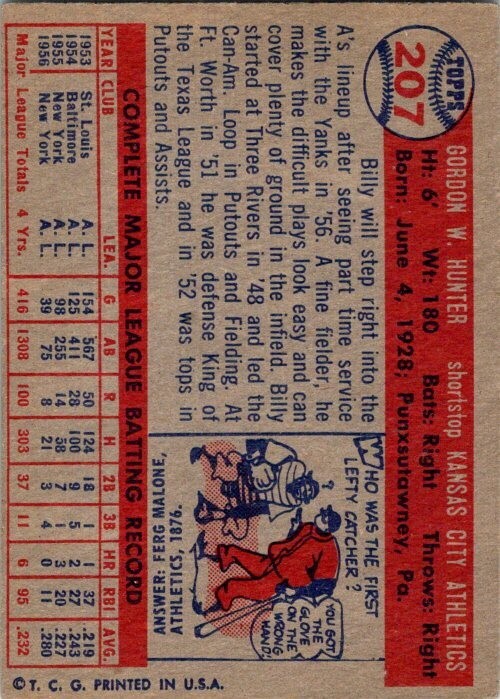 1957 TOPPS BASEBALL #207 BILLY HUNTER MID GRADE JF | eBay