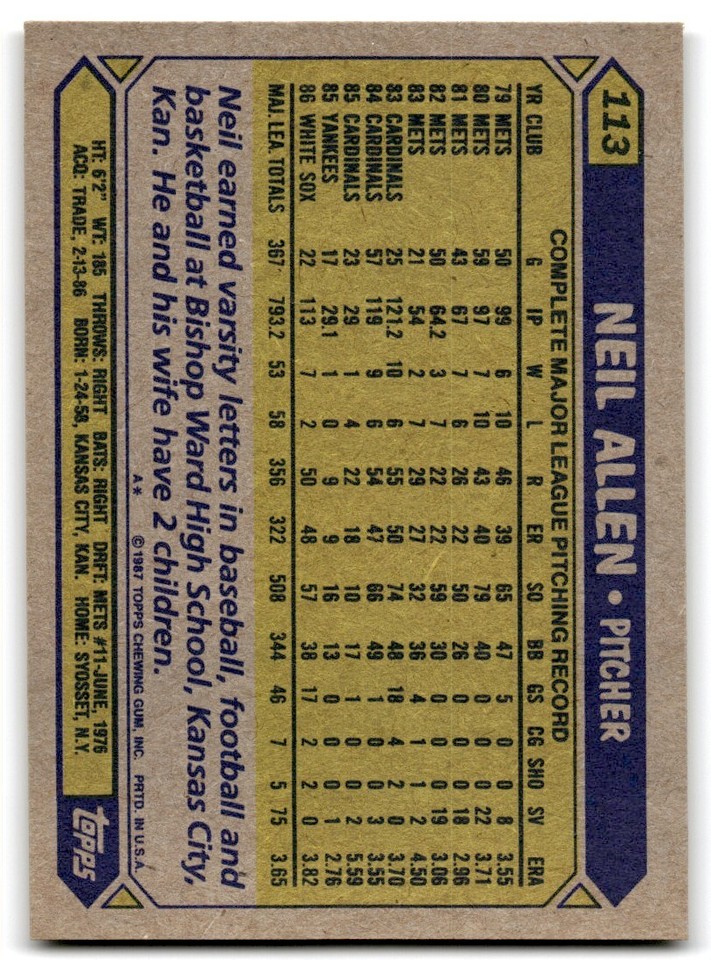 1987 Topps Baseball Card Neil Allen Chicago White Sox #113 | eBay