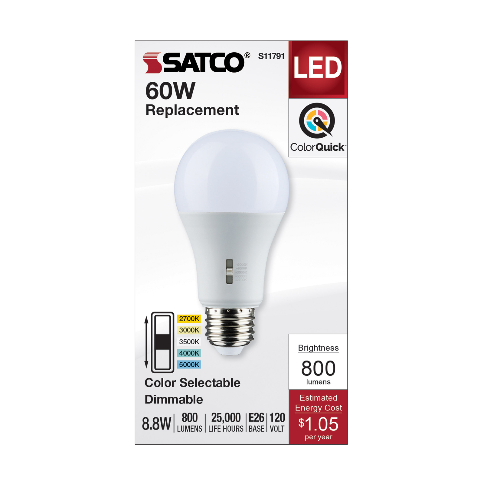 Satco S11791 LED 8.8W =60W 120V A19 Dimmable CCT Selectable Medium E26 ...