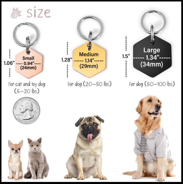 Engraved Pet ID Tag Stainless Steel Hex Shape Double‑Sided Dog Cat PET ...