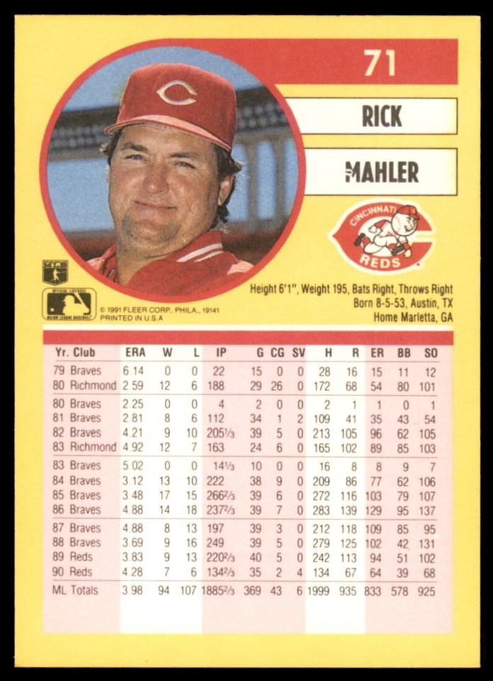 1991 Fleer Rick Mahler Cincinnati Reds #71 | eBay