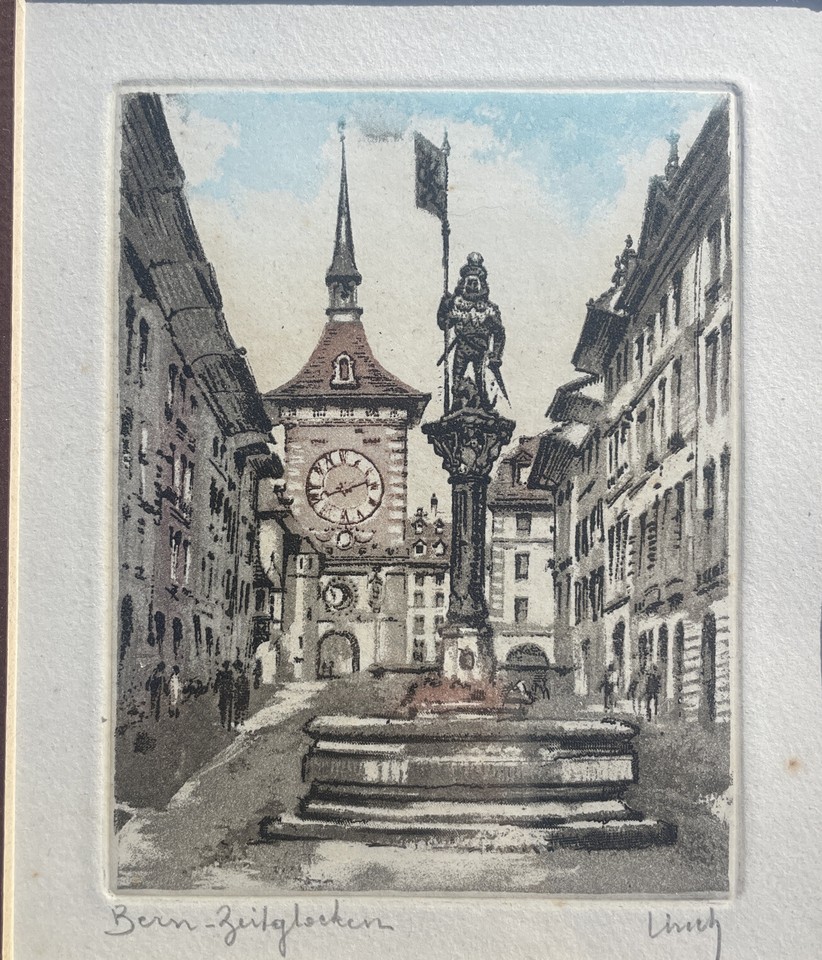Original Artwork Colored Etching by Ernst Linck Bern Courtyard and ...