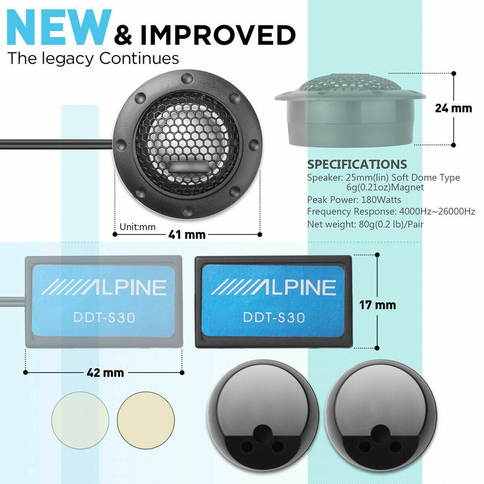 ALPINE DDT-S30 25MM 1" SOFT DOME BALANCED CAR TWEETERS 360W CROSSOVERS ...