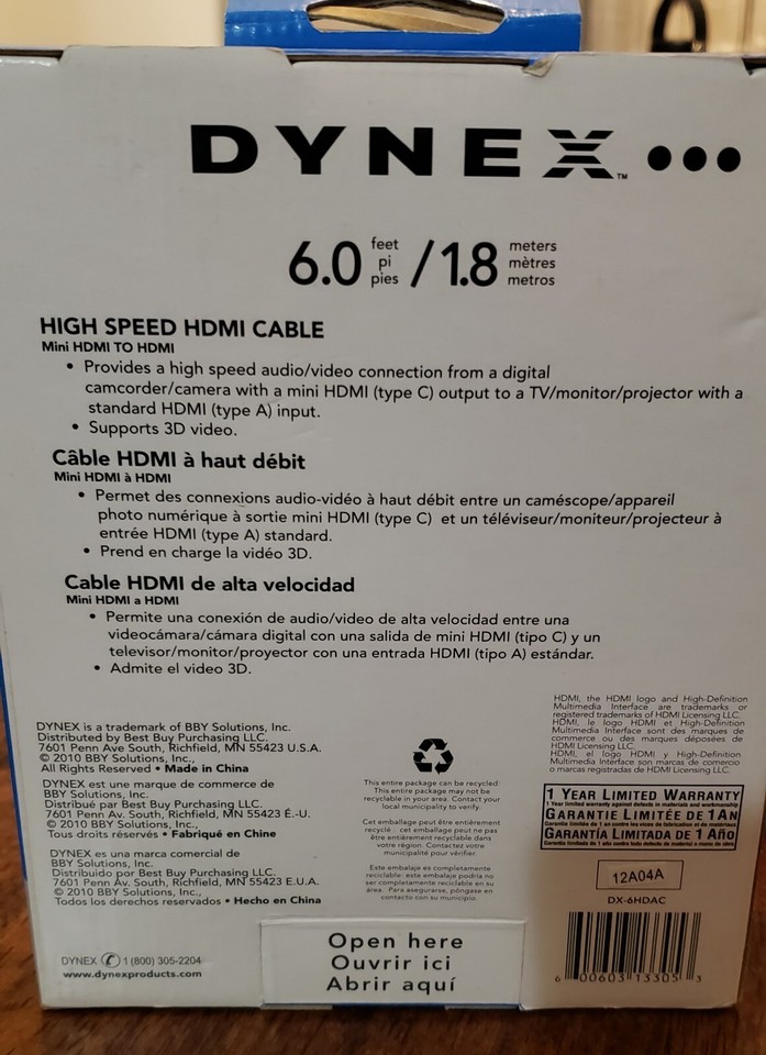 DYNEX HDMI cable 6 Feet FULL HD 1080P With Mini HDMI | eBay
