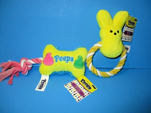 NEW 2 Peeps Pet Dog Toys Small Easter Squeaky Chicks Yellow Rope Pink ...