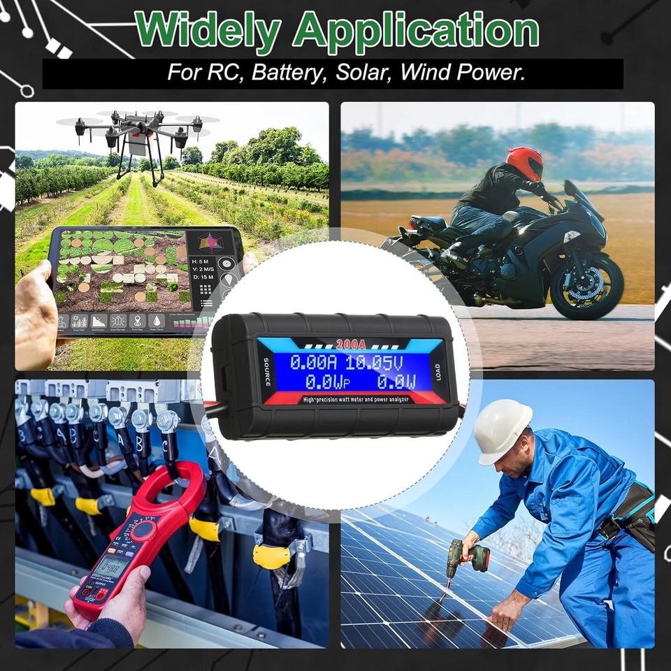 2PCS 200A Power Analyzer Watt Meter LCD For RC Battery Solar Wind Power ...