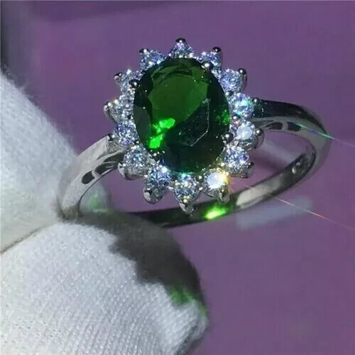 3 Ct Oval Cut Emerald Lab-Created Round Engagement Ring 14k White Gold ...