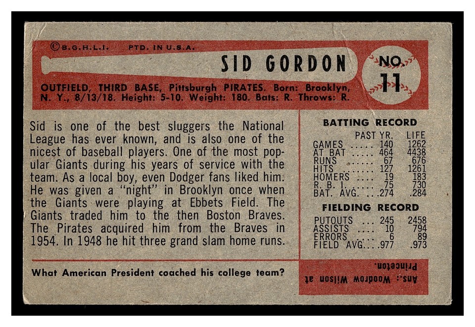 1954 BOWMAN SID GORDON #11 PITTSBURGH PIRATES MID GRADE LOOKS VERY NICE ...