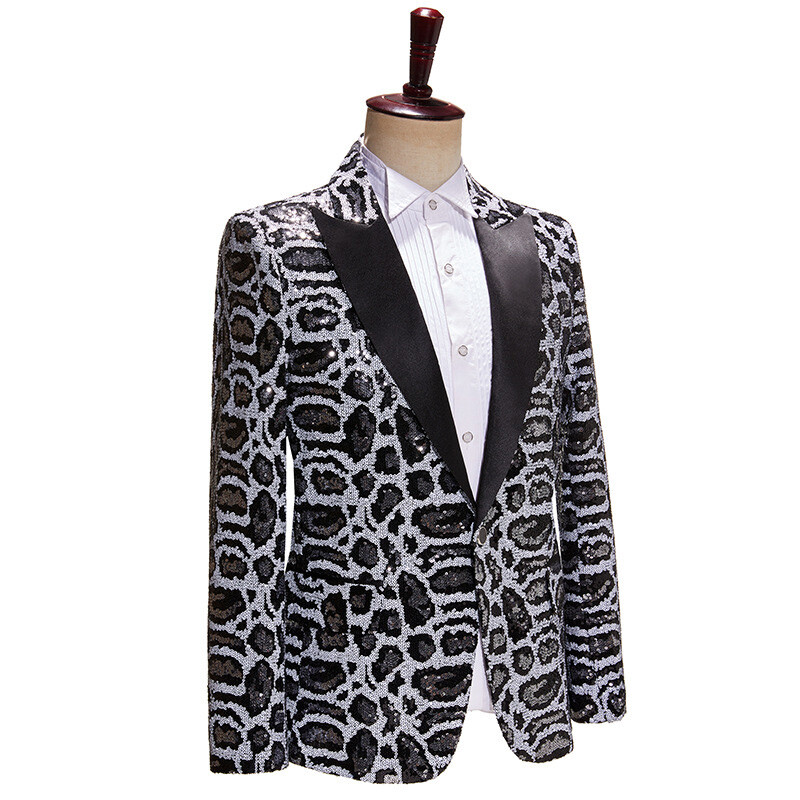 Men Leopard Pattern Sequins Tuxedo Jacket Suit Blazer Coat Wedding ...