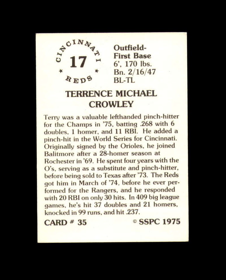 Terry Crowley Signed 1975 SSPC Cincinnati Reds Autographe | eBay