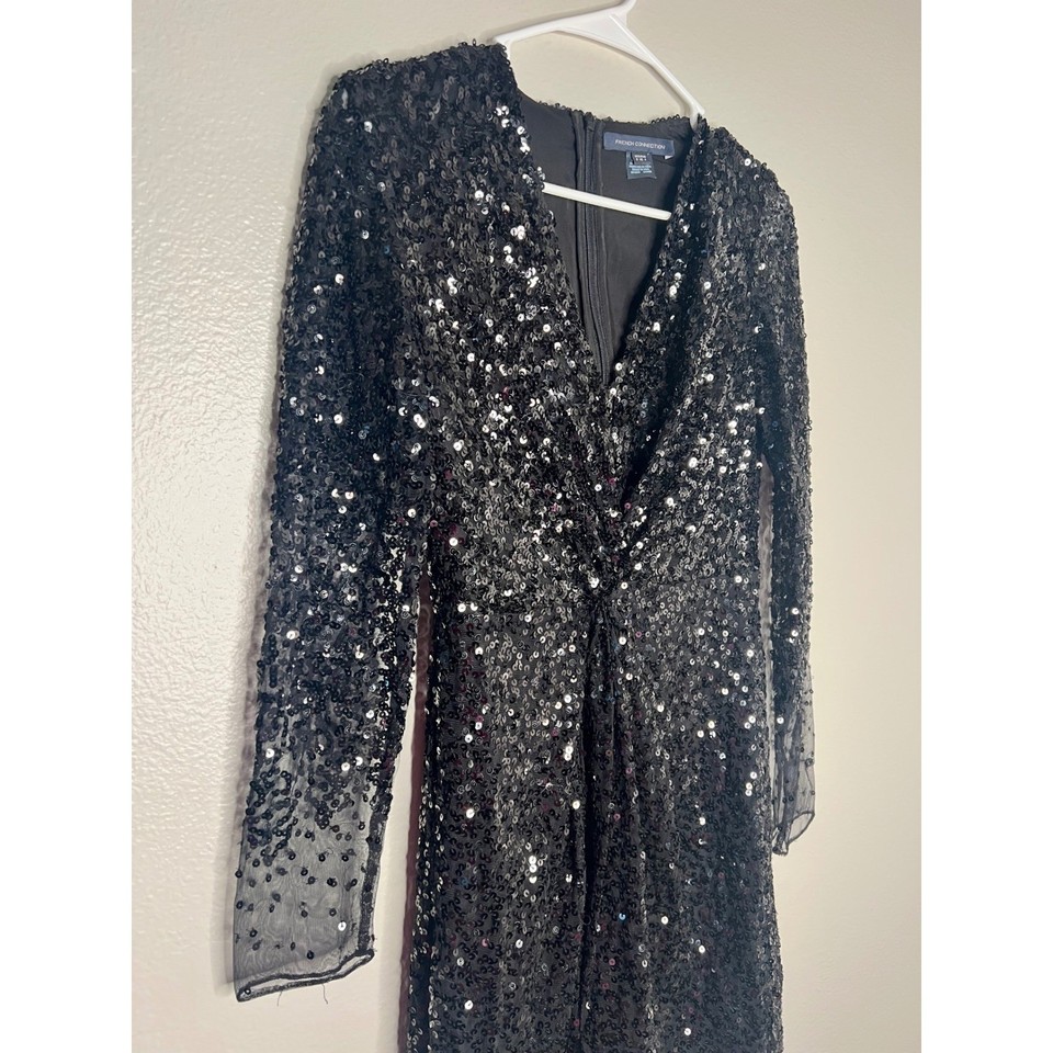 French Connection Emille Black Sequin Twist Front V Neck Long Sleeve ...