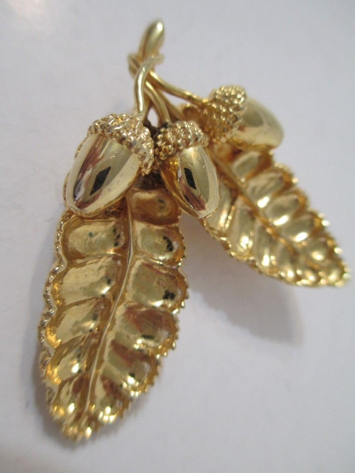 ACORN LEAVES DETAILED BROOCH PIN SIGNED 925 S.I. TRIANGLE SILVER GOLD ...