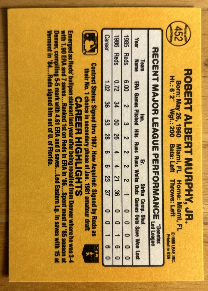 1987 Donruss Rob Murphy Baseball Card #452 Reds Pitcher Mid-Grade | eBay