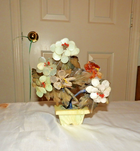 Vintage Chinese Bonsai Tree Carved Jade Leaves Rose Quartz Petals ...