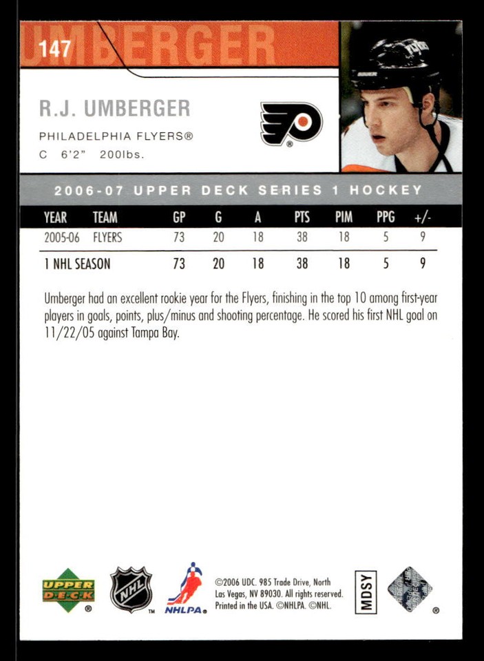 R.J. Umberger 2006 Upper Deck #147 Philadelphia Flyers | eBay