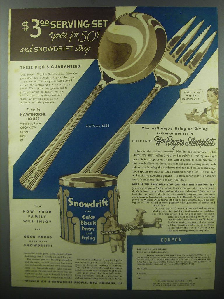 1938 Snowdrift Shortening Ad - $3.00 serving set yours for 50 | eBay
