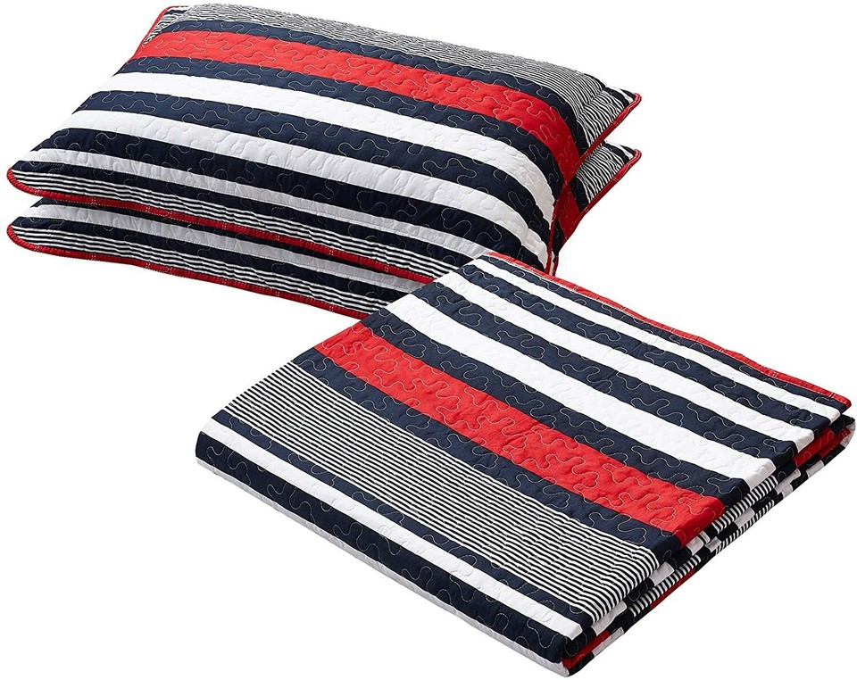 Red White Navy Blue Striped Nautical 3 pc Quilt Set Twin Full Queen Cal ...