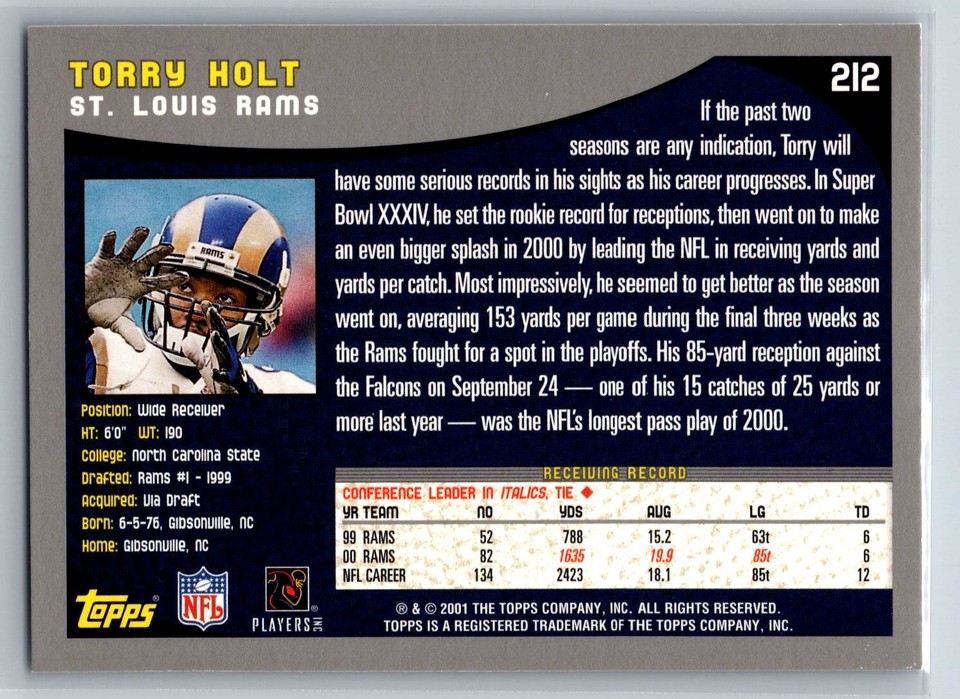 2001 Topps Torry Holt St. Louis Rams #212 | eBay