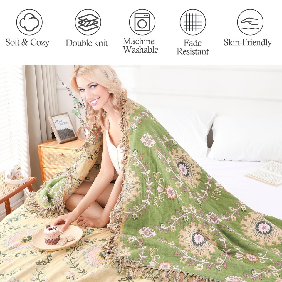 Boho Throw Blanket 80"x90" - 100% Cotton Ultra Soft Rustic Quilt, Green ...