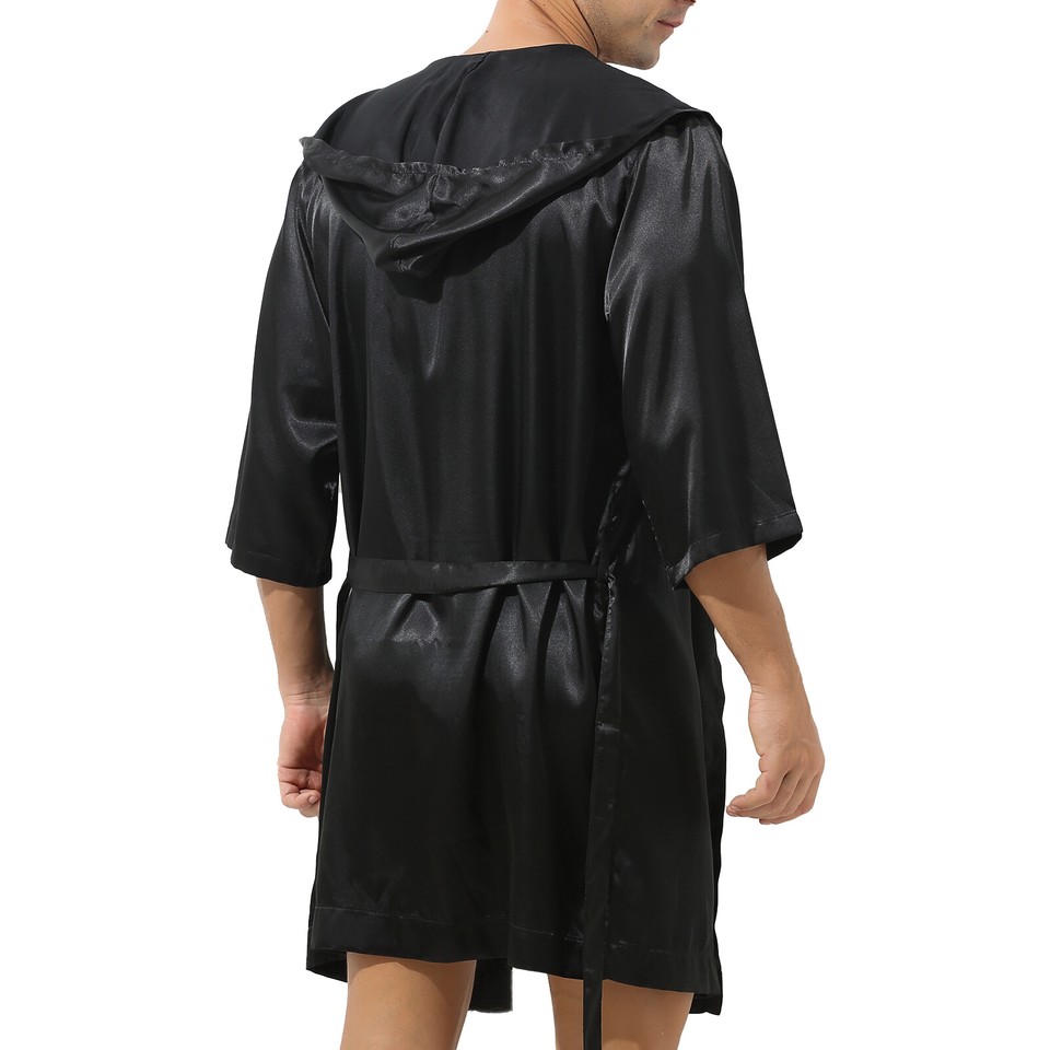 Men Satin Kimono Robes Classic Silky Bathrobe Open Front Hooded Robes ...