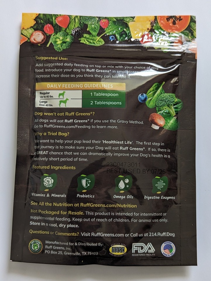 Ruff Greens - Trial Bag 2.47 OZ - All Sized Dogs Nutrition- Vegan, No ...