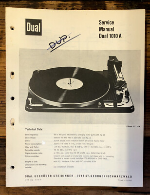 Dual Model 1010A 1010 A Record Player / Turntable Service Manual ...