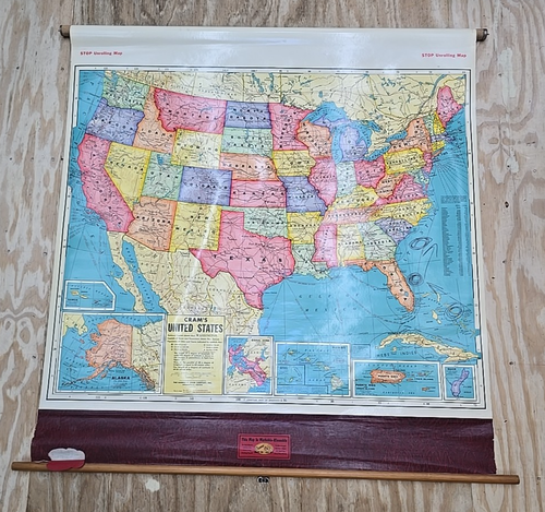 George Crams United States 50" Wide Pull Down School Wall Map Markable ...