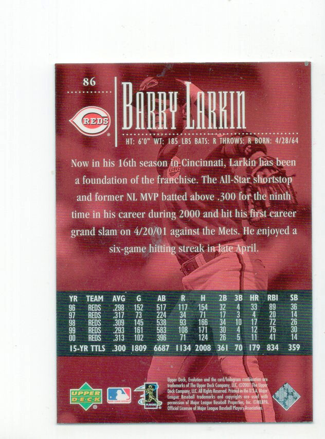 2001 Upper Deck Evolution Barry Larkin (HOF) #86 Cincinnati Reds Free ...