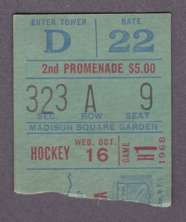 Oct. 16, 1968 New York Rangers vs. Philadelphia Flyers Home Opener ...