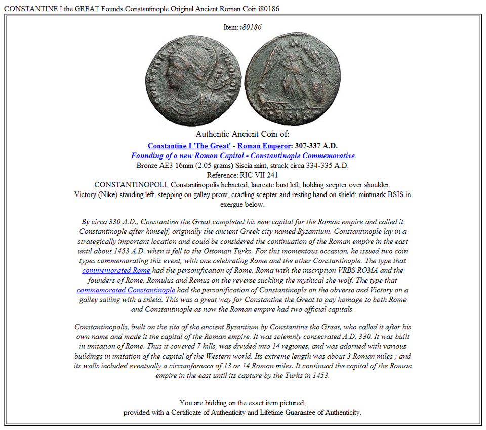 CONSTANTINE I the GREAT Founds Constantinople Original Ancient Roman ...