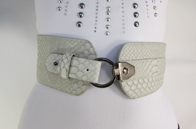Women Black White Beige Elastic Fashion Belt Snake Skin Wide Faux ...