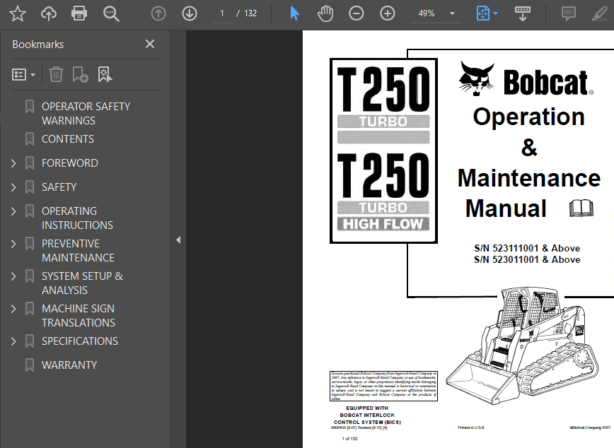 BOBCAT T250 COMPACT TRACK LOADER OPERATORS SERVICE REPAIR SHOP MANUAL ...