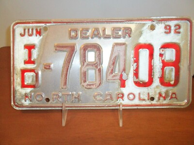 Original, NORTH CAROLINA DEALER, 1992 License Plate, ID-78408, Red on ...
